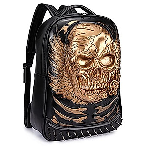 AIBAG 3D Skull Head Backpack, PU Leather Gothic Cracked Rivets Studded Cool Laptop Backpack Large College Bookbag, Gold