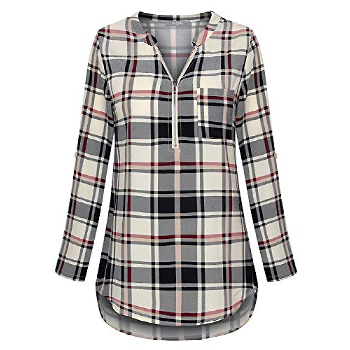 Furnex Women Chiffon Blouses, Women's 3/4 Sleeve Shirt Work Blouses Zip Up V Neck Tops Long Sleeve Office Zipper Tunic Shirt for Women Dressy Casual Business Tops for Wear to Work Beige Large