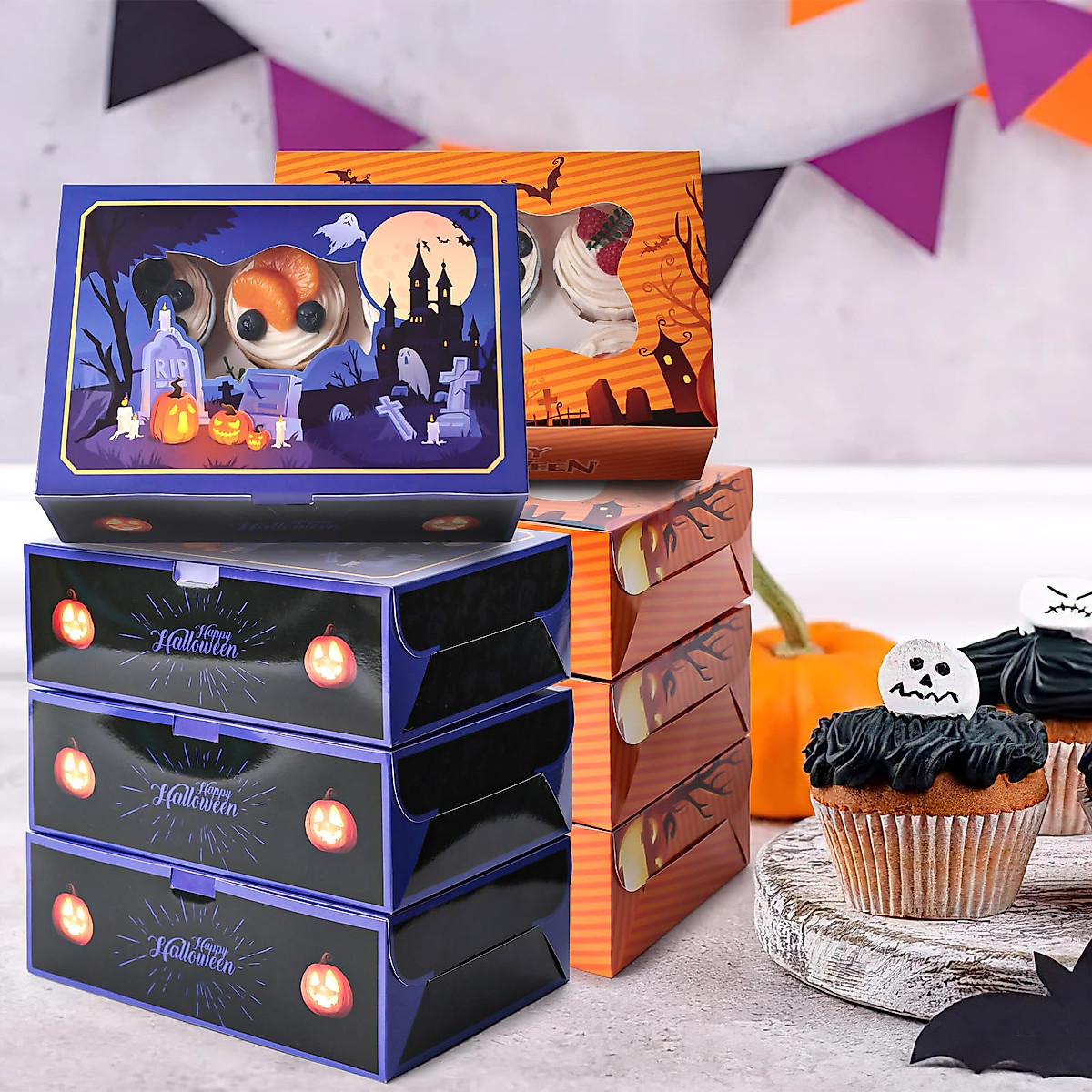 JOHOUSE 6 Count Halloween Cupcake Boxes, 8 Sets Bakery Boxes with Window Halloween Treat Boxes Cupcake Carrier for Birthday Holiday Bakery Supplies Halloween Party Decorations 9.5"x6.3"x3"