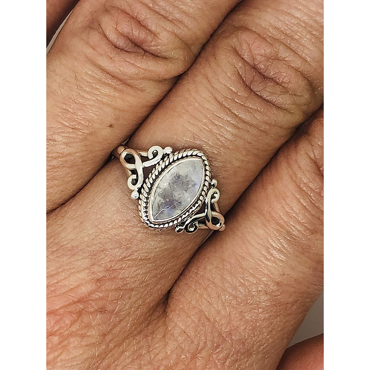Koral Jewelry Cut Marquise Moonstone Ethnic Delicate Ring 925 Sterling Silver Vintage Tribal Gipsy Boho Look (7)