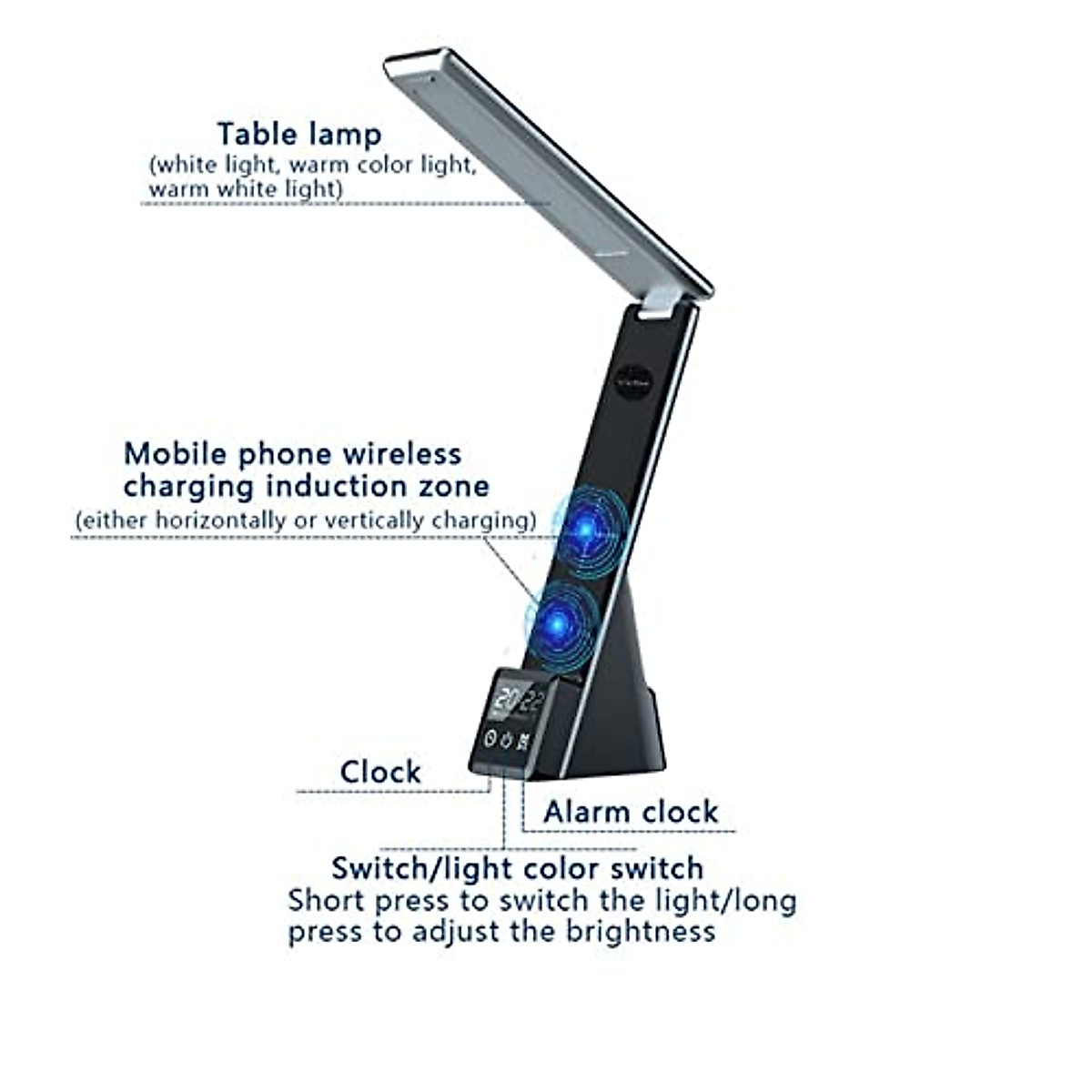 EzTechNest Desk Lamp – 3-in-1 Led Lamp with Built-in Wireless Phone Charger – Smart Desk Lamps for Home Office with Clock and Alarm Display – Dimmable Desk Lamp with Foldable Design