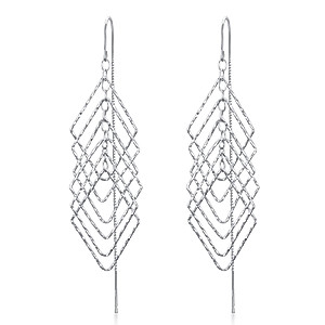 925 Sterling Silver Threader Earrings Geometric Rhombus Tassel Dangle Drop Long Charm Earrings Jewelry Gifts for Women