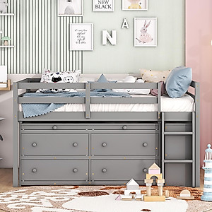 VilroCaz Full Size Low Loft Bed with Retractable Writing Desk and 4 Drawers, Multiple Functions Wooden Loft Bed Frame with Storage Shelves for Kids Teens Boys Girls, Sturdy Slats Support (Grey-AFULL)