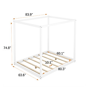 Bellemave 4-Poster Canopy Floor Bed Frame Queem Size Wood Low Profile Platform Beds with Wooden Slats Support, No Box Spring Needed, White, Queen