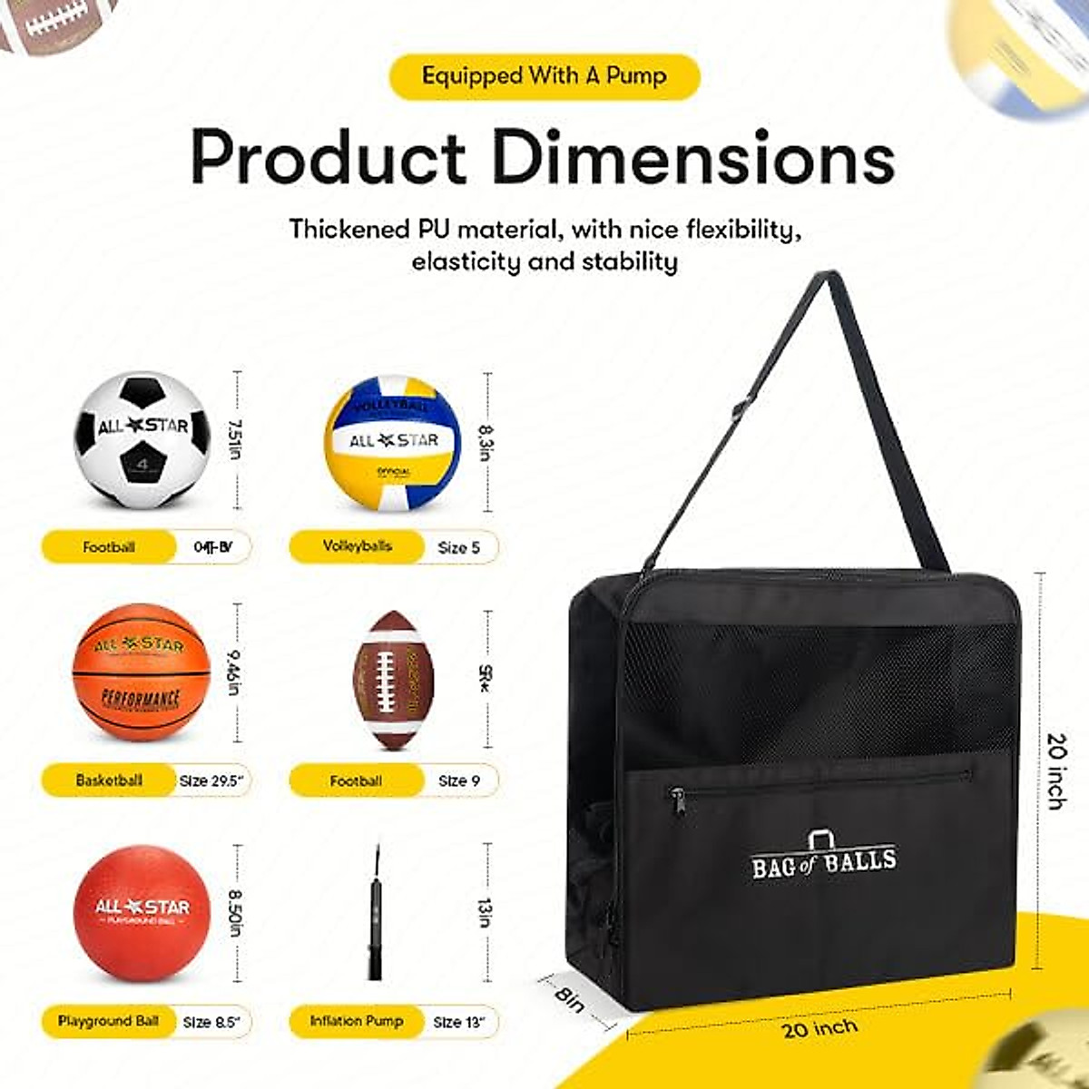 Complete Sports Ball Set - Outdoor Sports Balls in Carry Bag - Sport Balls Kit with Pump for Adults and Kids - Branded Soccer Ball, Basketball, Volleyball, American Football, Dodgeball Playground Ball