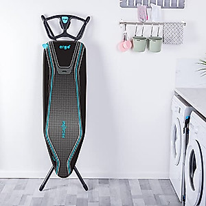 Minky Ergo Prozone Ironing Board | Made in UK | Dual Iron Rest, Heat Reflective Cover, Thick Felt Underlay - Freestanding Ironing Board with Large 48" x 15" Ironing Surface (Gunmetal and Blue)