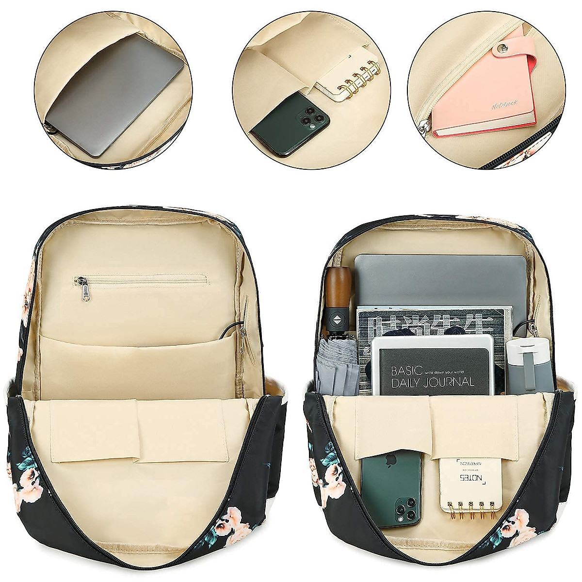 LEDAOU School Backpack for Teen Girls Laptop Backpacks 15.6 inch Floral Daypack Women Bookbag School Bag for College Travel (Floral Black)