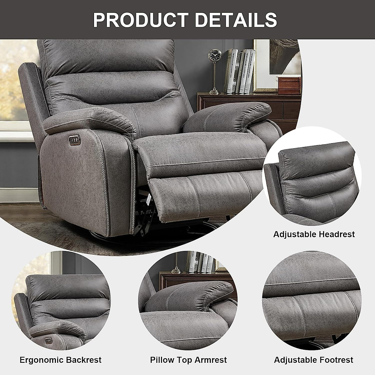 LAVHOME Electric Recliner Sofa,Dual OKIN Motor Rocking and 240 Degree Swivel Living Room, Nursery Glider Chair,with USB Port & Power Adjustable Headrest,Home Theater Seating, XL, Gray