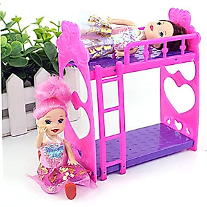 1pc Doll House Furniture Double Bed Frame Plastic Bunk Bed Bedroom Furniture Bed Set for Kelly Dolls Dollhouse Pink and Purple 3.5 Inches, Dolls House Furniture, Bedroom Furniture,