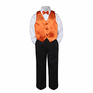 4pc Formal Baby Teen Boy Orange Vest Bow Tie Set Black Pants Suit S-14 (14)