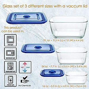 Moss & Stone Extra Large Glass Food Storage Containers Set Of 3-101 OZ/ 54 OZ/ 16 OZ Deep Rectangular Glass Food Container with Lid, Leak Proof, Microwave, Dishwasher, and Oven Safe.