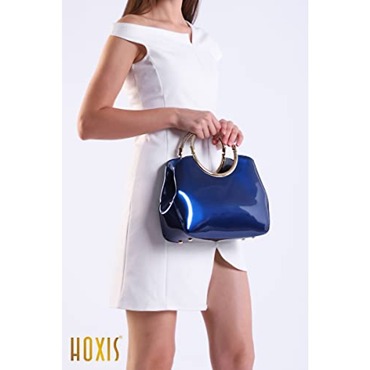 HOXIS Charm Glossy Metal Grip Structured Shoulder Handbag Top Handle Patent Leather Handbags for Women (Navy)