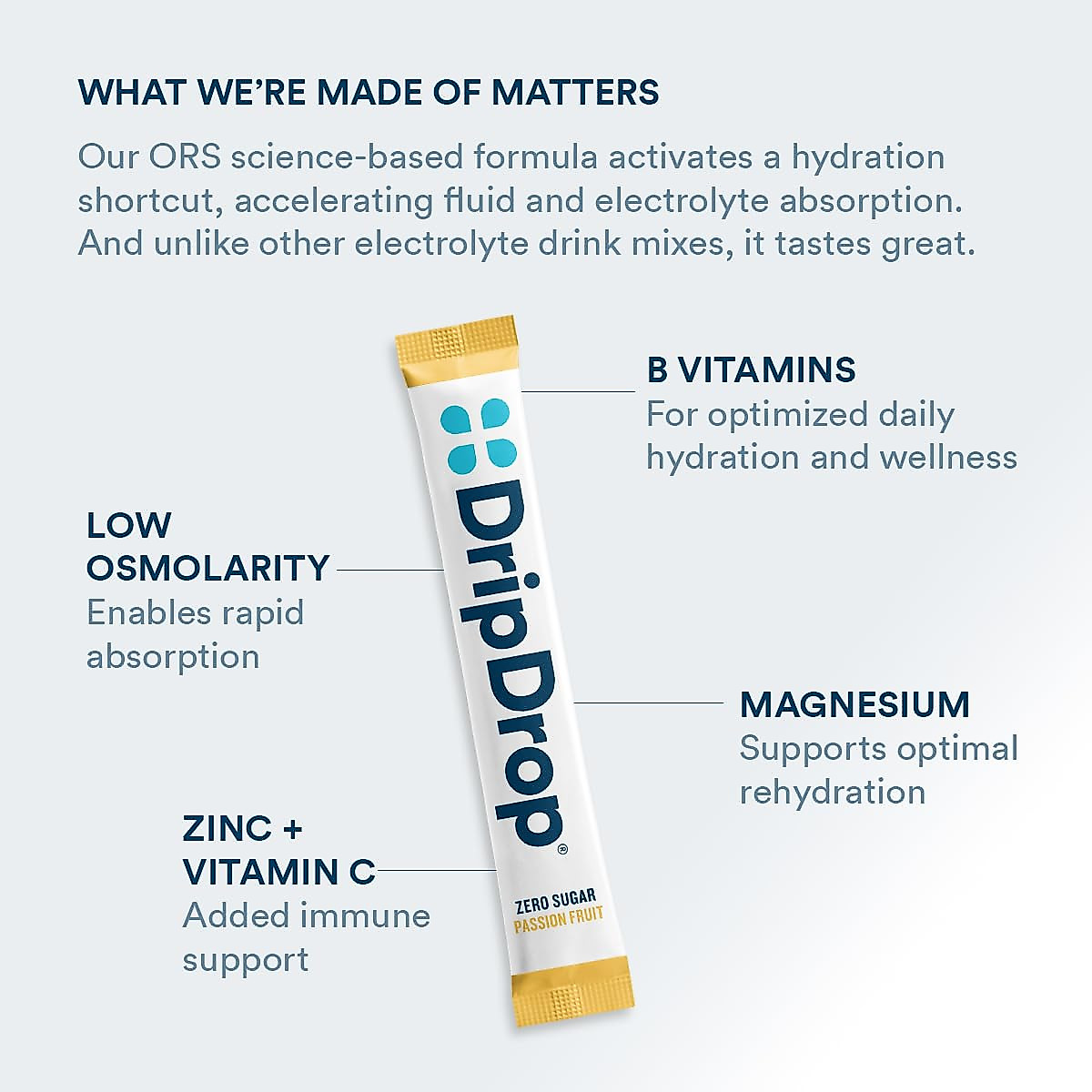 DripDrop Hydration - Zero Sugar Passion Fruit - Electrolyte Drink Mix Single Serve Powder Packets | Non-GMO, Gluten Free, Vegan | 32 Sticks