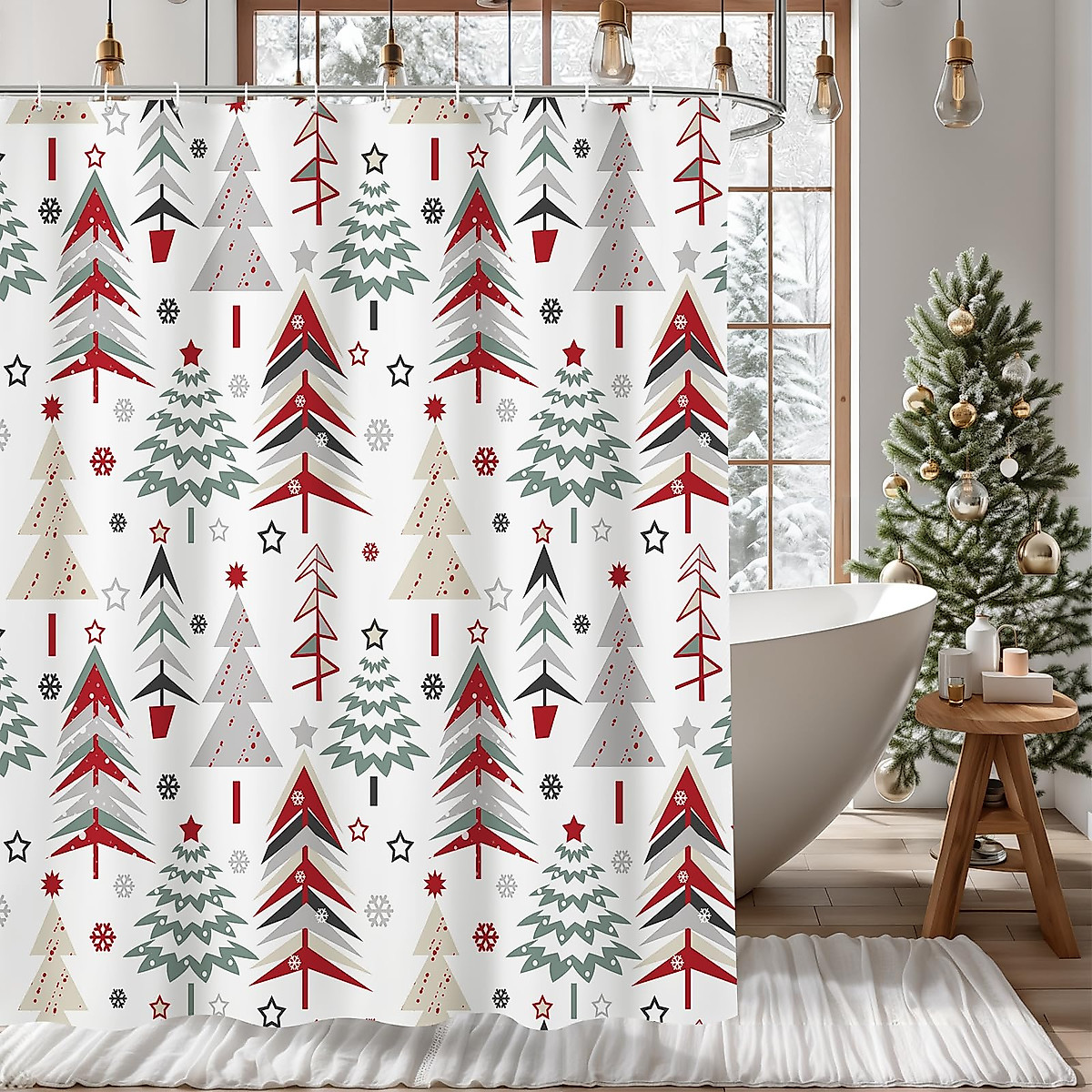 MEHOFOND Christmas Xmas Tree Winter Snowflake Pattern Shower Curtain for Bathroom Decor Washable Durable Fabric 72x72 in