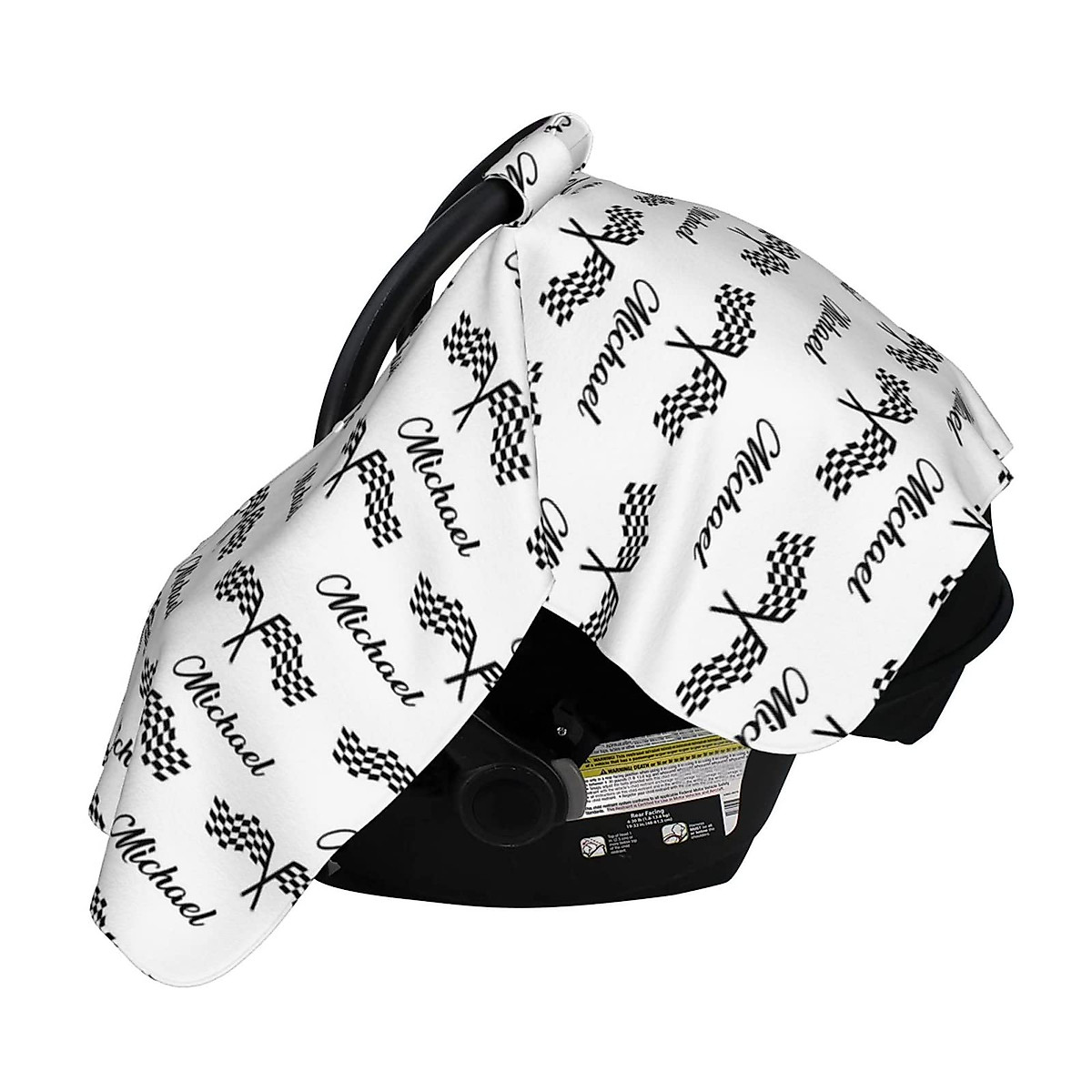 Personalized Racing and Race Flag Baby Car Seat Canopy for Babies with Name, Custom Car Seat Covers for Girls, Peekaboo Opening Minky Nursing Breastfeeding Cover Infant Car Seat Canopies for Newborn