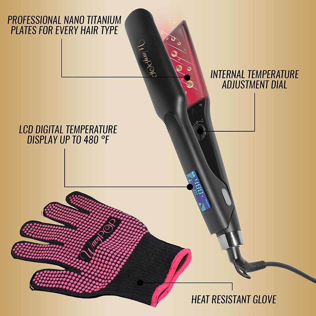Wavy POP PRO 2 in 1 Titanium Flat Iron Hair Straightener & Curling Wand 1.75" | Professional Straightening Hair Iron with Ceramic MCH Fast Heat, Auto Shut Off | Dual Voltage with Travel Bag