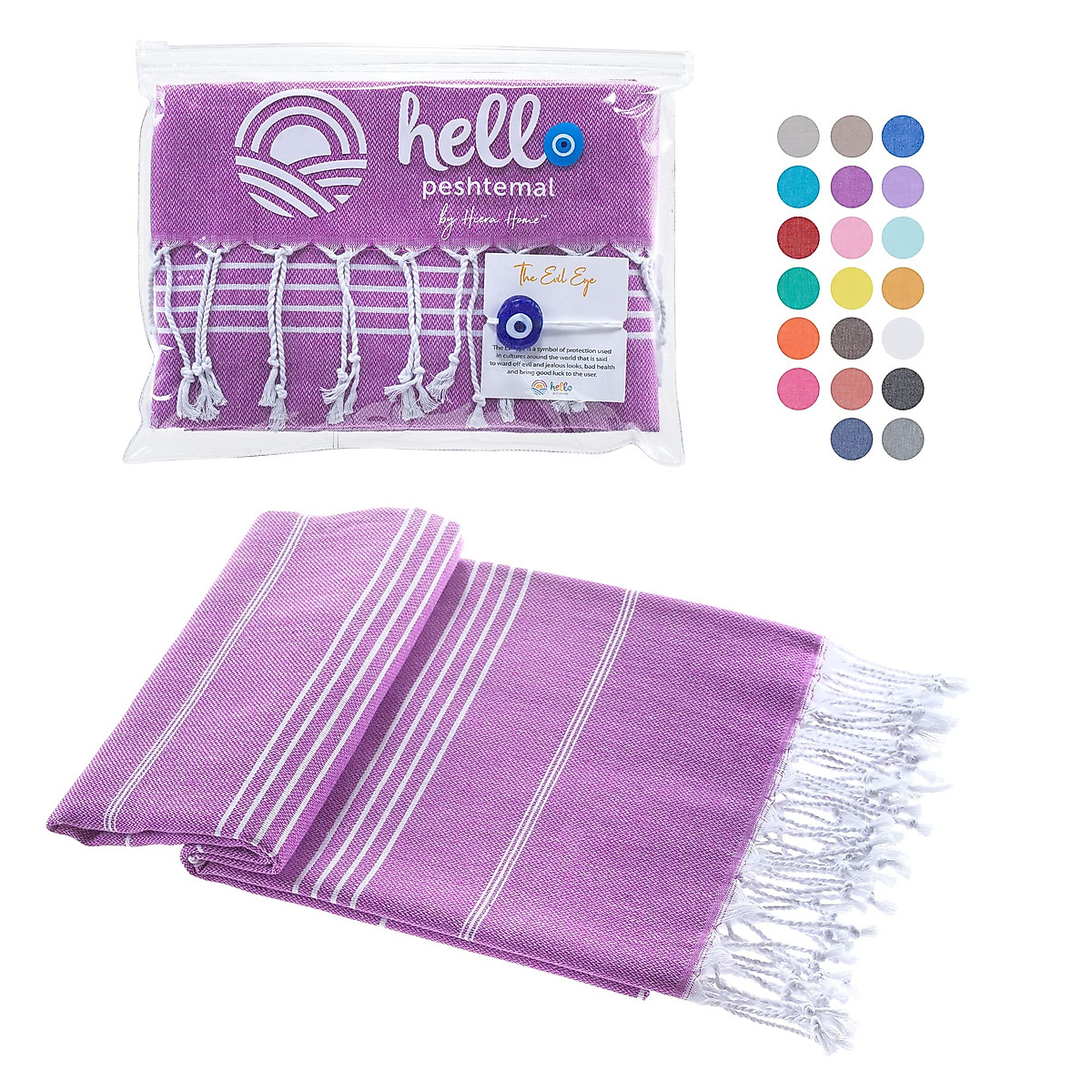 Hello Peshtemal Turkish Beach Towel, Prewashed, 100% Cotton, Soft, Absorbent, Quick Dry, Sand Free Oversized Bath Towels for Bathroom, Pool, Travel, Size 39x71 Inches (Purple)