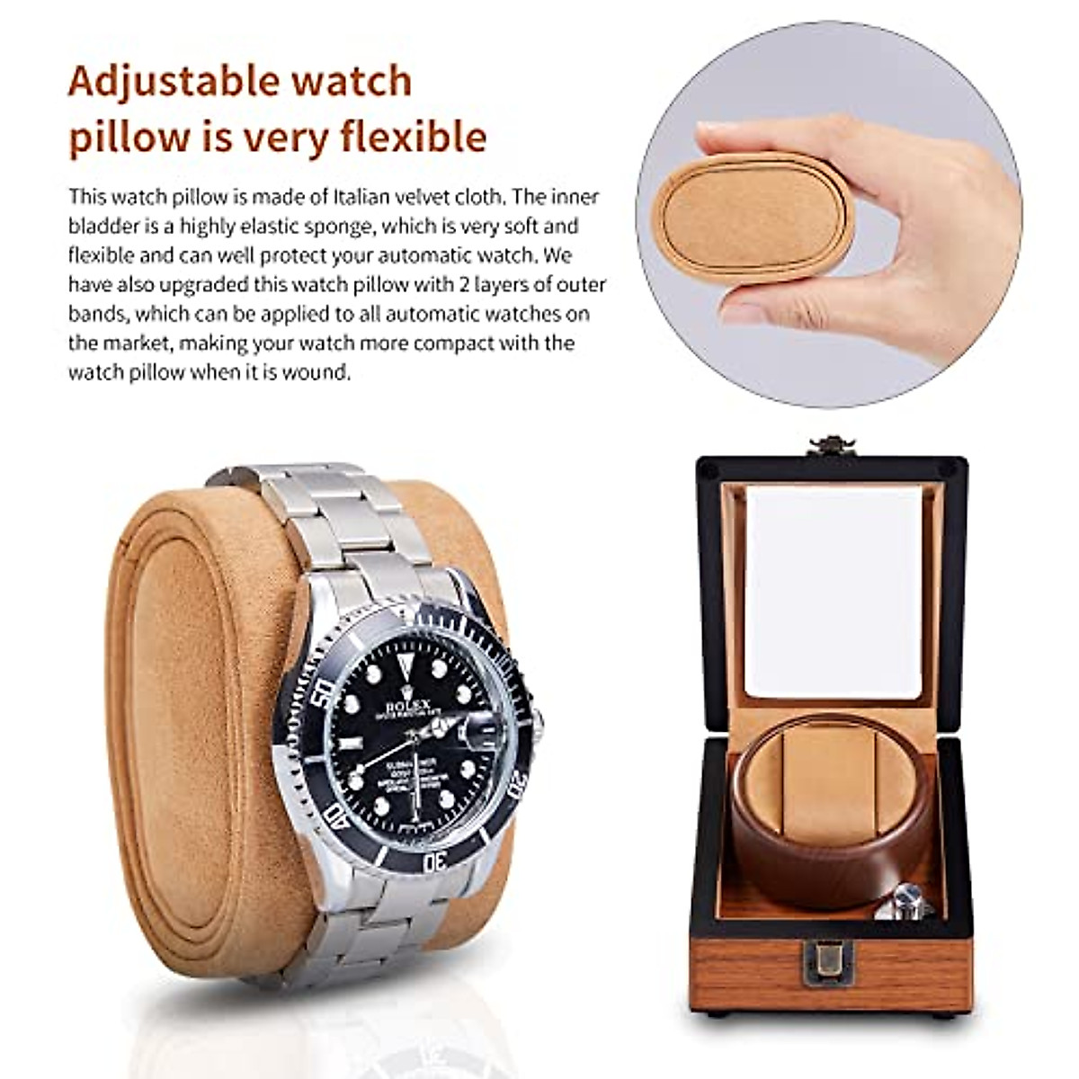 Ceymodir Single Watch Winder for Automatic Watches,Wooden Automatic Watch Winder Box with Flexible Plush Pillow, 4 Charging Ways, Super Quiet Motor, Fit Women and Man Watches