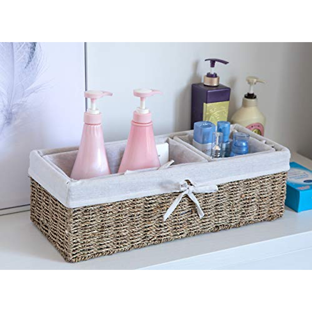 Vintiquewise Seagrass Small Shelf Storage Basket with White Lining (Set of 3)