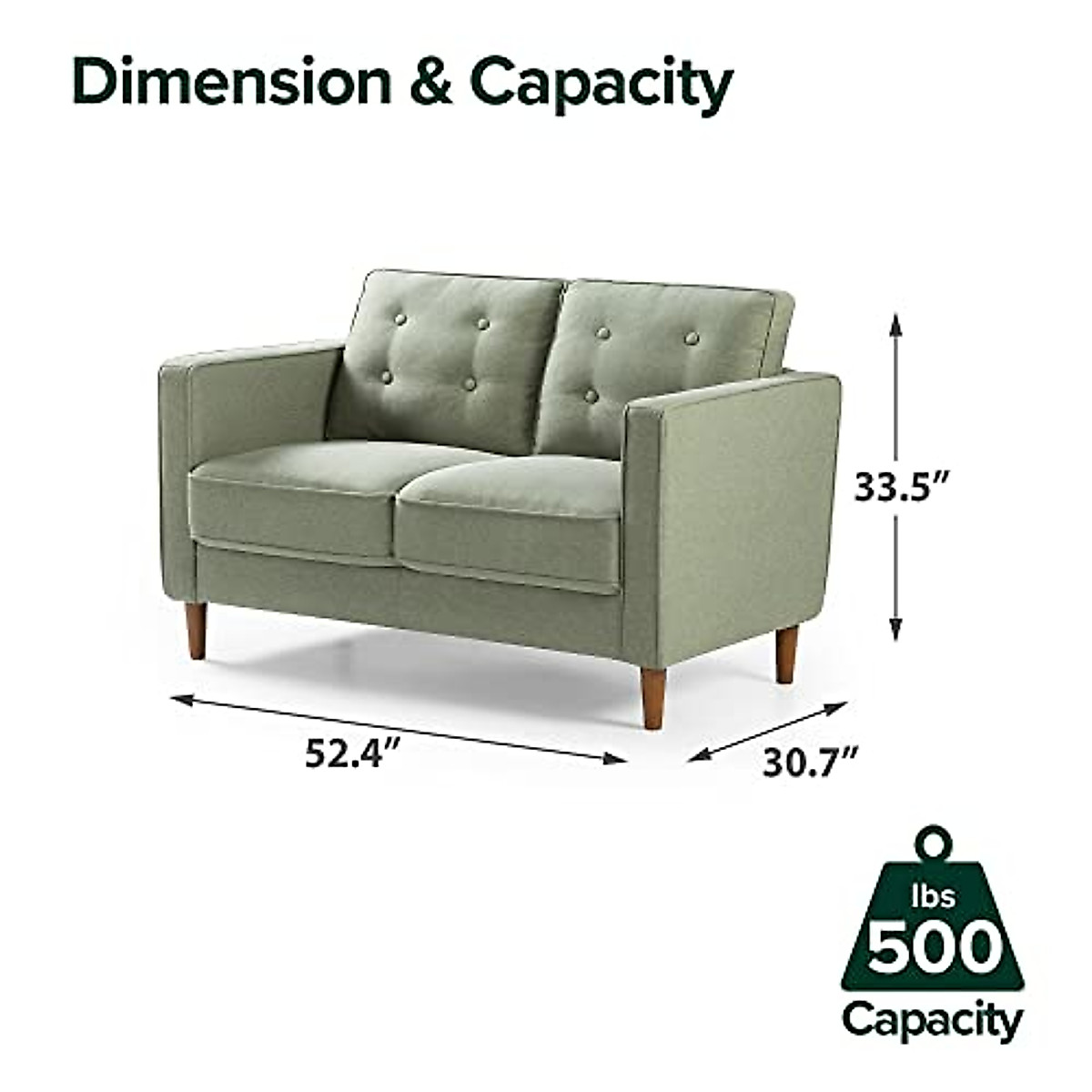 ZINUS Lauren Loveseat / Button Tufted Cushions / Easy, Tool-Free Assembly, Pear Green