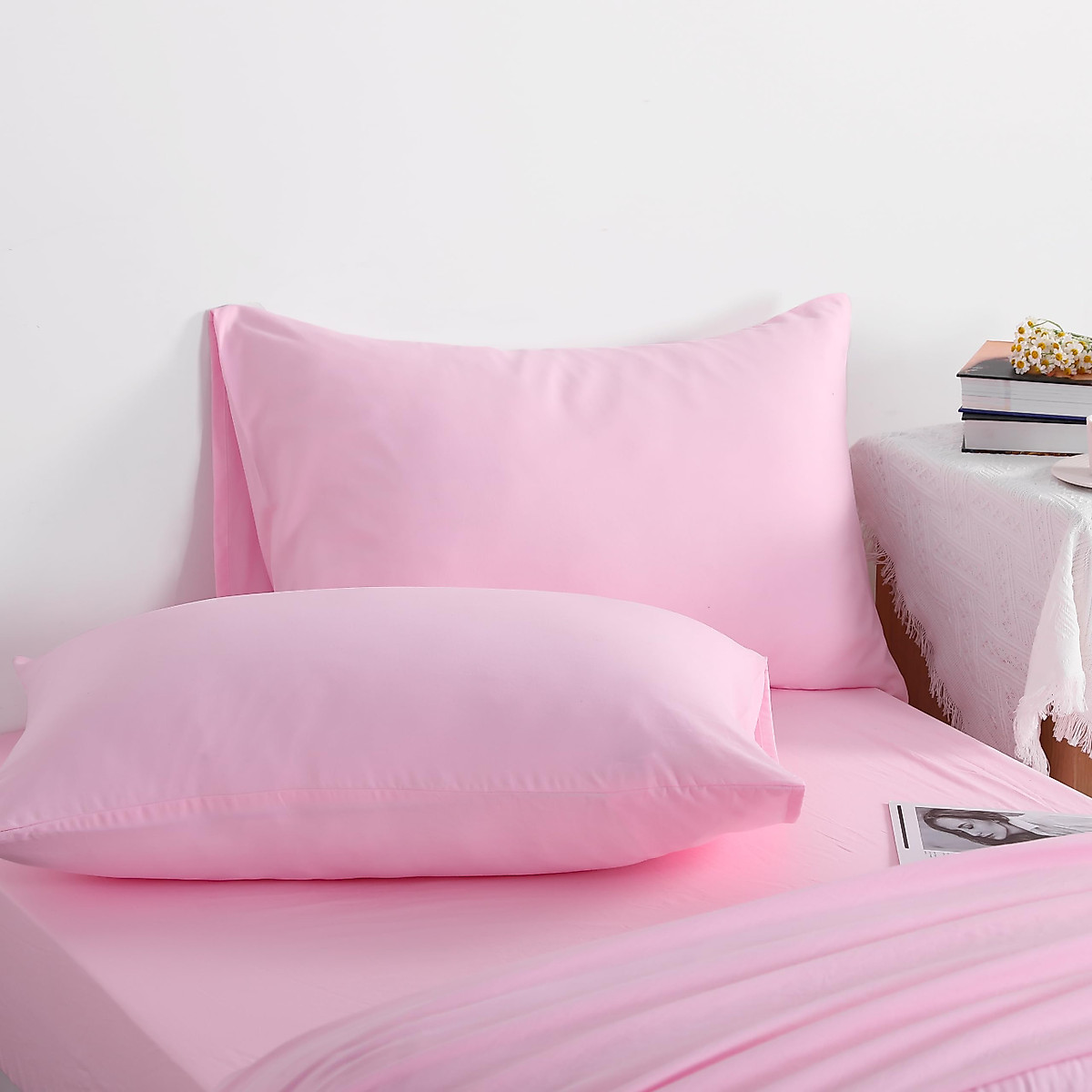 NTBAY Twin Comforter Set with Sheets, 5 Pieces Soft and Breathable Twin Bedding Set, Twin Bed in a Bag, Down Alternative Comforter Set Solid Color All Season, Kids Bedding Set, Pink