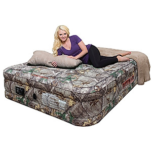 Pittman Outdoors Airbedz Air Mattress - Indoor Outdoor Waterproof Bed, Built-in Rechargeable Battery Air Pump, Queen Size, 16-inches Tall, Realtree Camo, Carry Bag and Patch Kit Included