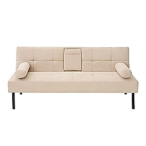 Panana Luckycloud Modern Couch Sofa 3-Seater Upholstered Fabric Sofa for Small Living Room, Dorm, Small Spaces (Beige Sofa Bed with Cup Holder)