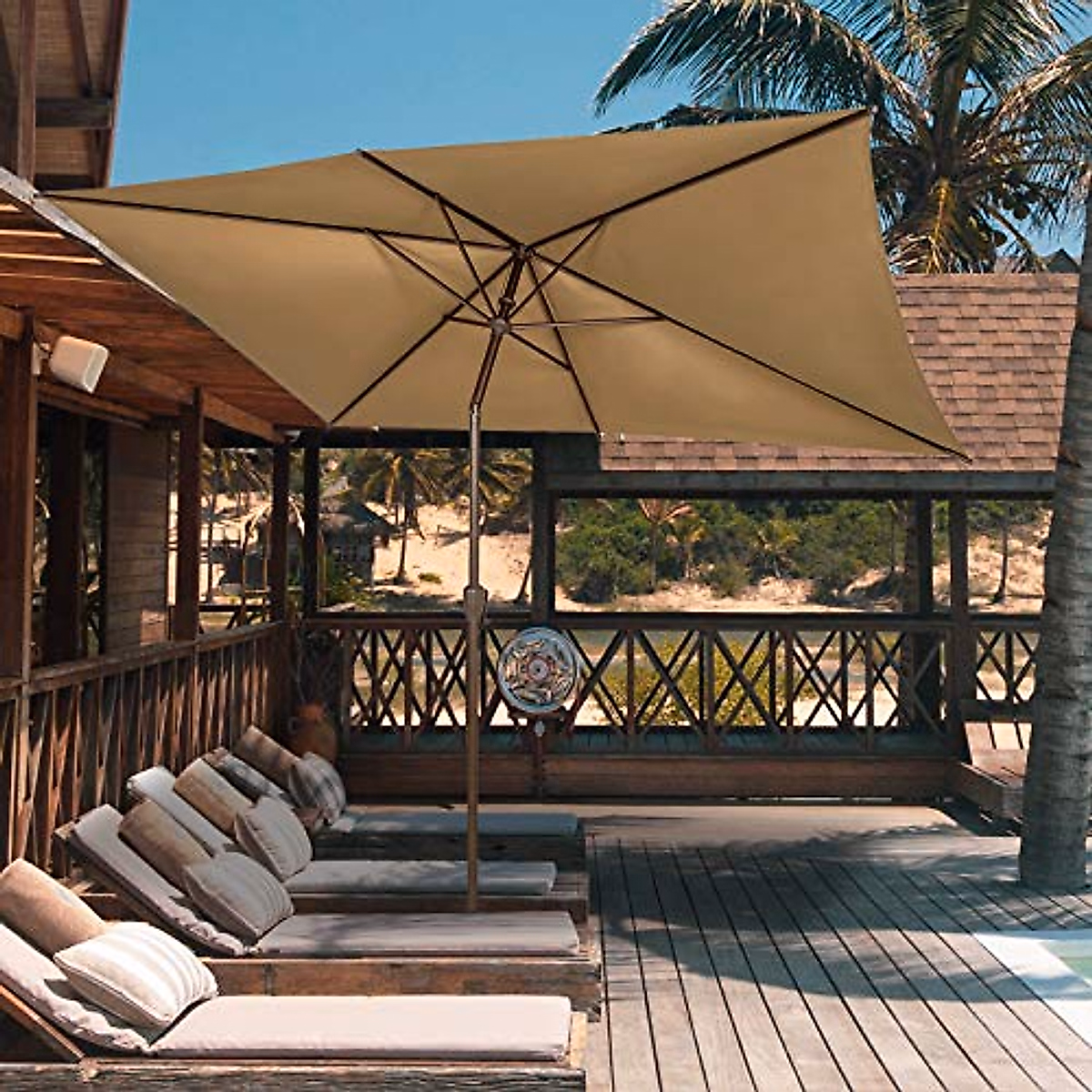Ogrmar 6.5x10ft Patio Umbrella Rectangular Outdoor Table Umbrella with Crank & Push Button Tilt for Terrace, Backyard, Garden, Courtyard, Swimming Pool, Lawn (Tan)