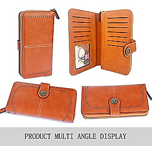 Mokoze Womens PU Leather Wallet Large Capacity Bifold Compact Credit Card Case Purse for Women with ID Window Zipper Pocket Leather Wallets Orange