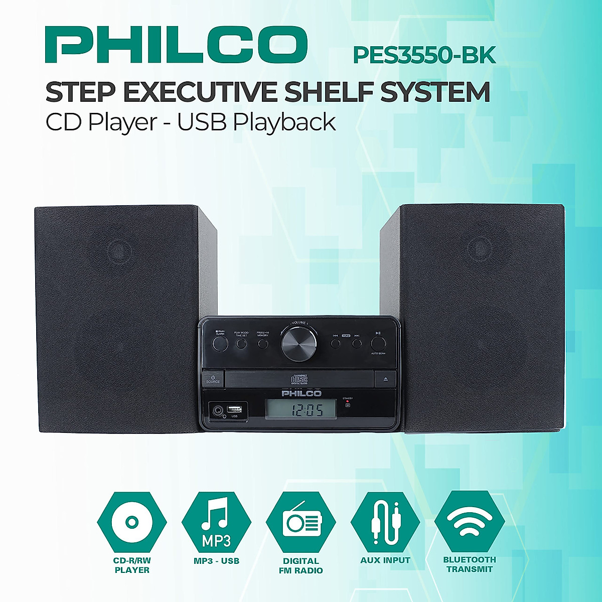 Philco Stereo Shelf Systems Tray Loading CD Player with Digital FM Radio, Bluetooth Streaming, Remote Control in Black | LCD Display | 3.5mm Headphone Jack | MP3 & AUX Port Compatible | USB Input
