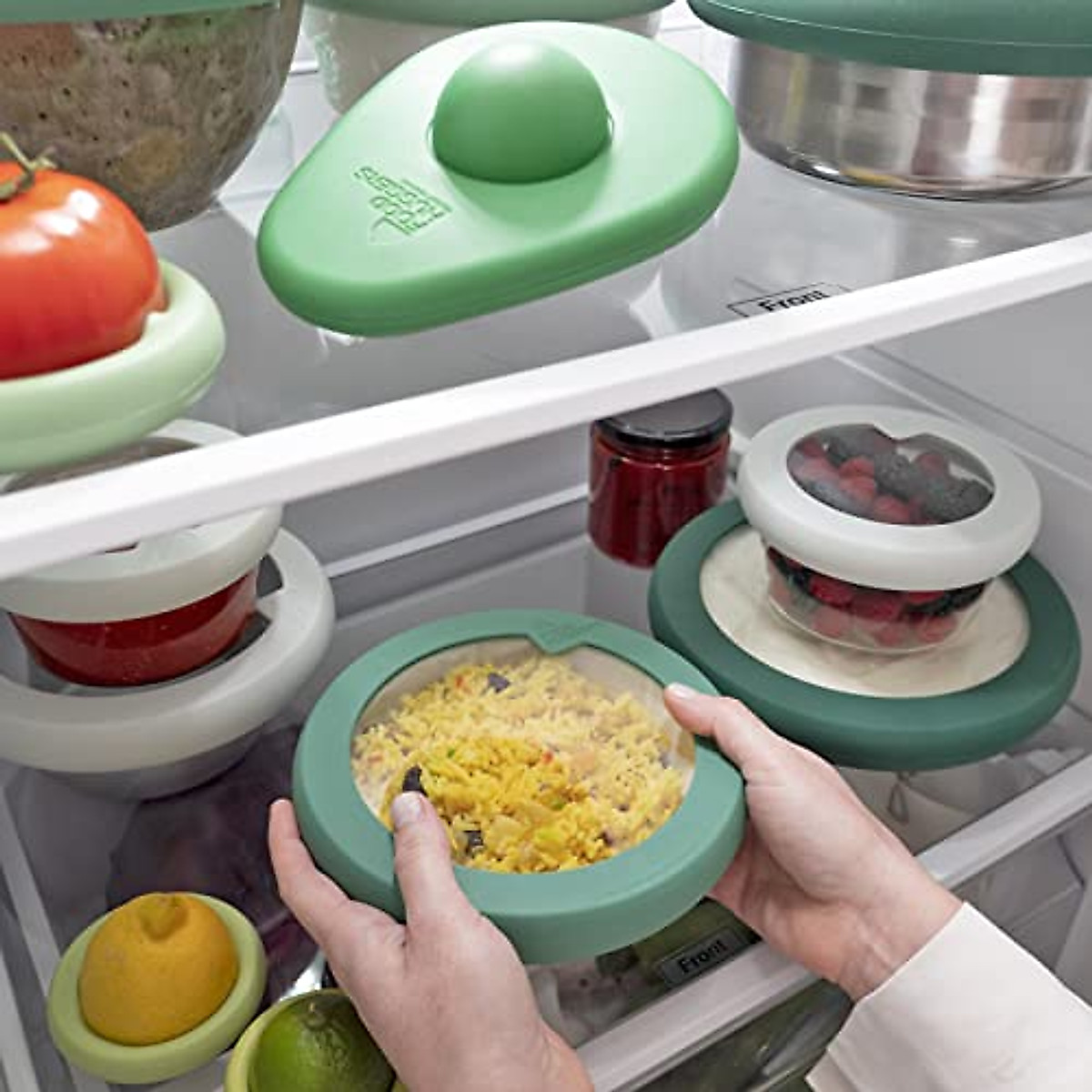Food Huggers Replacement Lids for Glass Storage Containers | Silicone & Glass Lids that Don’t Crack | Fits Round Container Brands & Bowls | 100% Plastic Free | 3 Lid Set (XS,S,M), Gradual Green