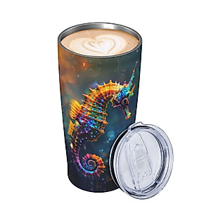 VOSERY Neon Seahorse Underwater Realm Cute Tumbler with Lid and Straw, 20 Oz Stainless Steel Insulated Tumbler Water Bottle Cup, Travel Coffee Mug Personalized Tumbler