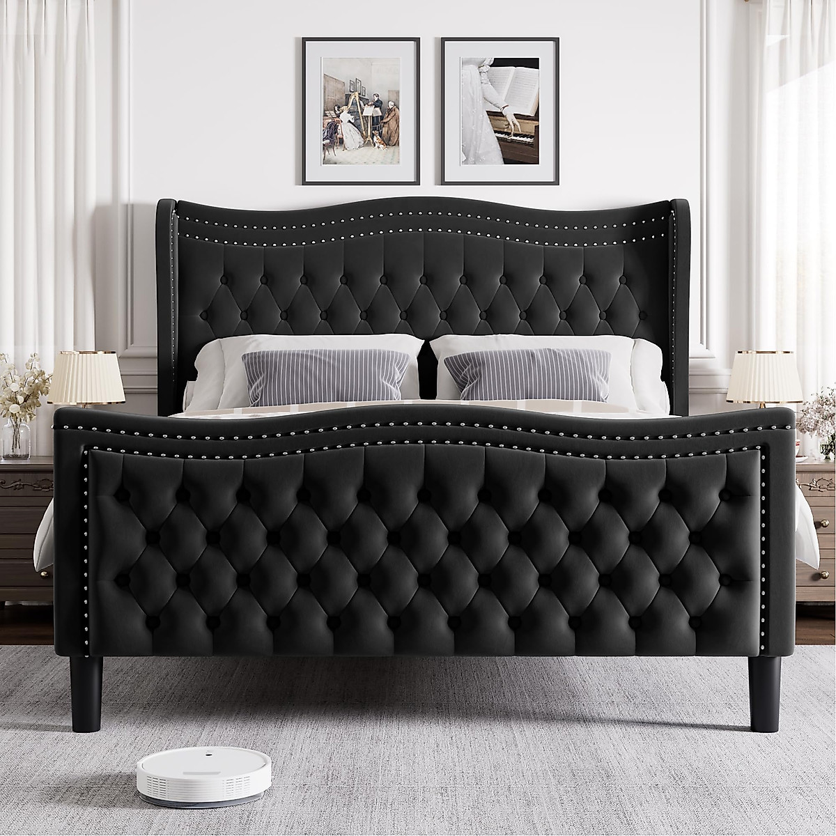 Generic Full Bed Frame, 52"" Headboard Upholstered Bed with Tall Footbaord, Velvet Upholstered Deep Button Tufted Wingback Platform Bed, No Box Spring Required/Wood Slat Support/Black