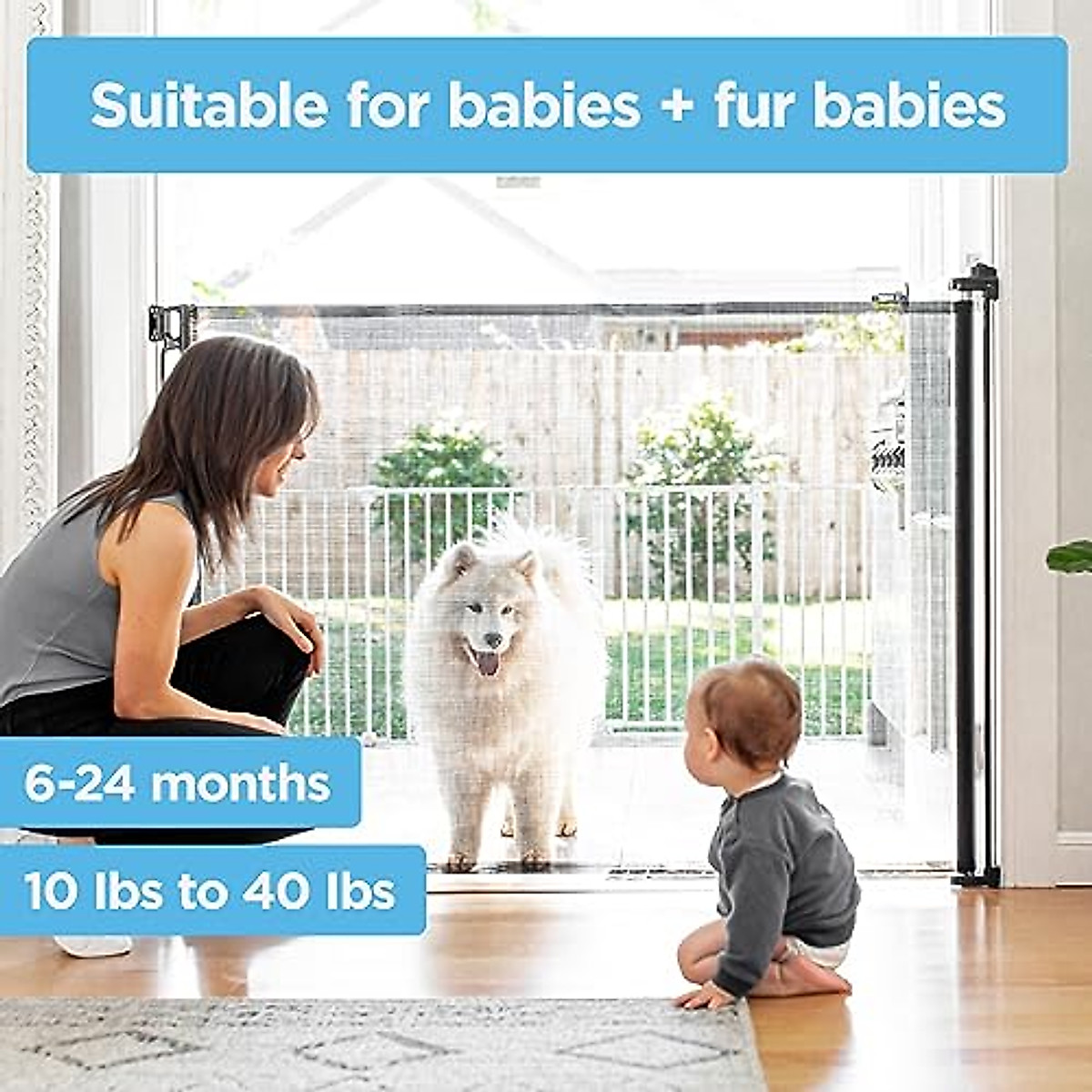 Retractable Baby Gate Perma Child Safety 41" Tall x 71” Wide, Mesh, For Stairs, Doorways, Dogs, Pets, Indoor, Outdoor, One-Handed Operation, Locking, Easy Install, Hardware Mount, Black