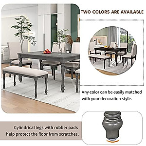 Merax 6-Piece Wood Rectangular Table Set with Turned Legs, 4 Upholstered Chairs and Bench for Dining Room, Grey+Beige(6pcs)