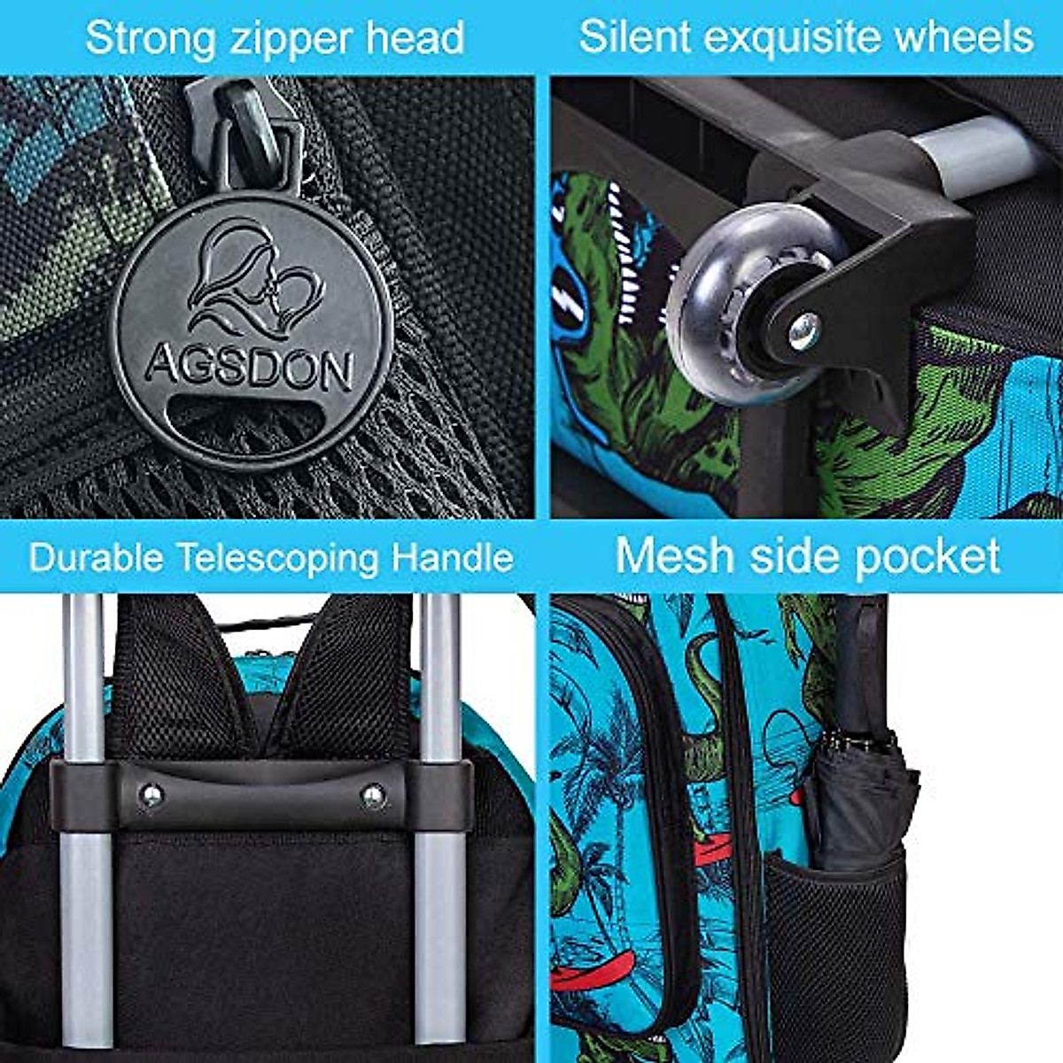 3PCS Rolling Backpack for Boys, Kids Roller Wheels Bookbag, Wheeled School Bag with Lunch Bag - Dinosaur