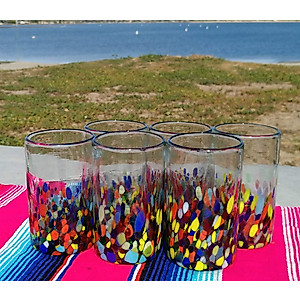 Hand Blown Mexican Drinking Glasses – Set of 6 Confetti Carmen Design Glasses (14 oz each)