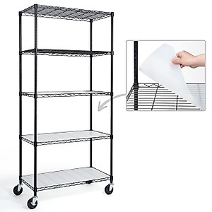 Fencer Wire NSF Commercial Heavy Duty Wire Shelving w/Wheels, Leveling Feet & Liners, Kitchen Storage Shelf, Garage Shelving Storage, Utility Wire Rack Storage Shelves, w/Liner, 36 x 18 x 76 5-Tier