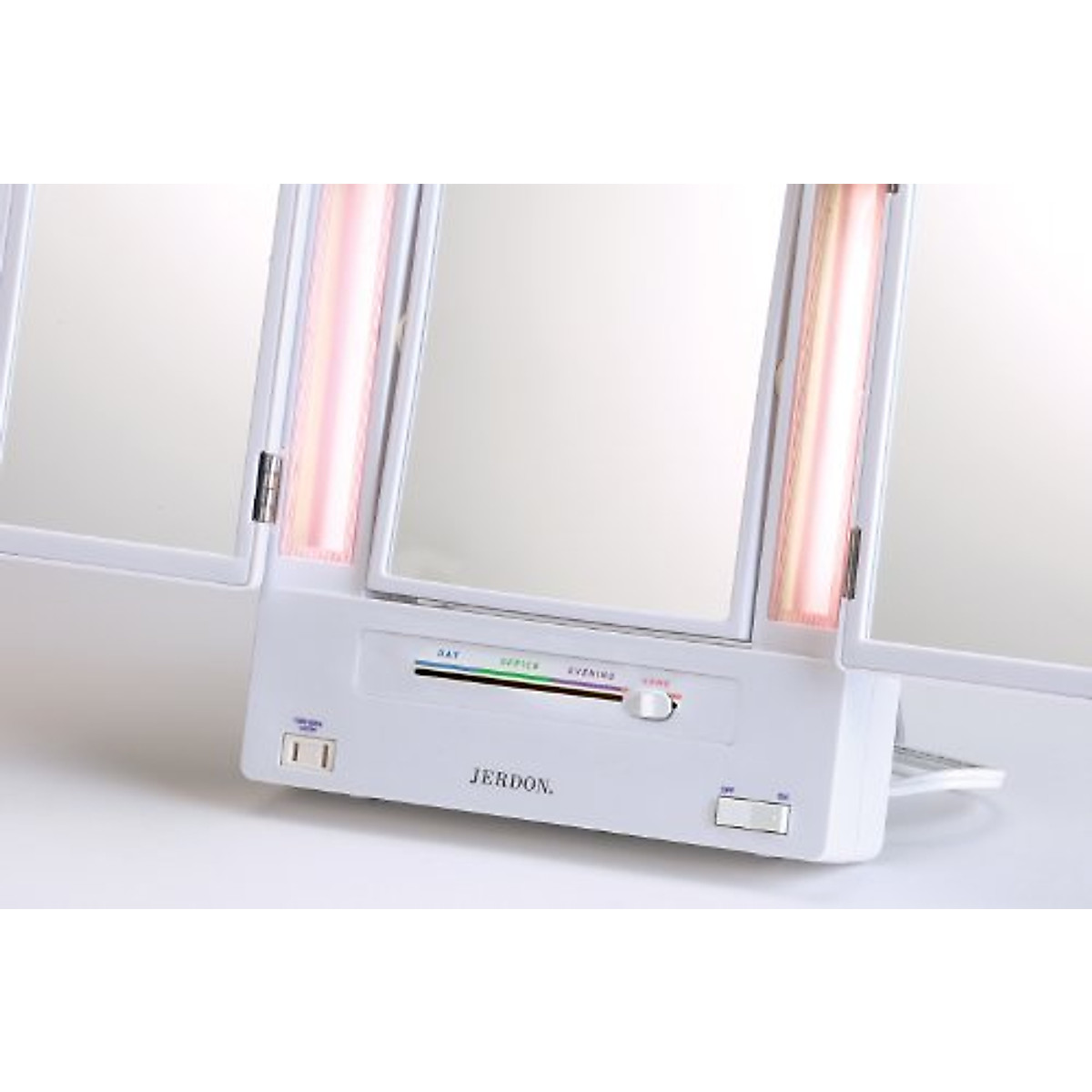 JERDON Tri-Fold Two-Sided Makeup Mirror with Lights - Vanity Mirror with 5X Magnification & Multiple Light Settings - White Base - Model JGL9W