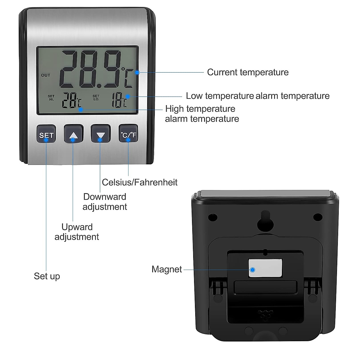 Refrigerator Thermometer,frdge Thermometer,Freezer Thermometer, Extra Sensor,Big LCD,Stainless Panel