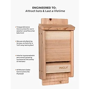 INCLY Small Bat House Kit for Outdoors 14.6"x6.7"x2.2" Shelter Box Roosting Single Chamber Natural Cedar Wood, Pre-Finished Easy to Install