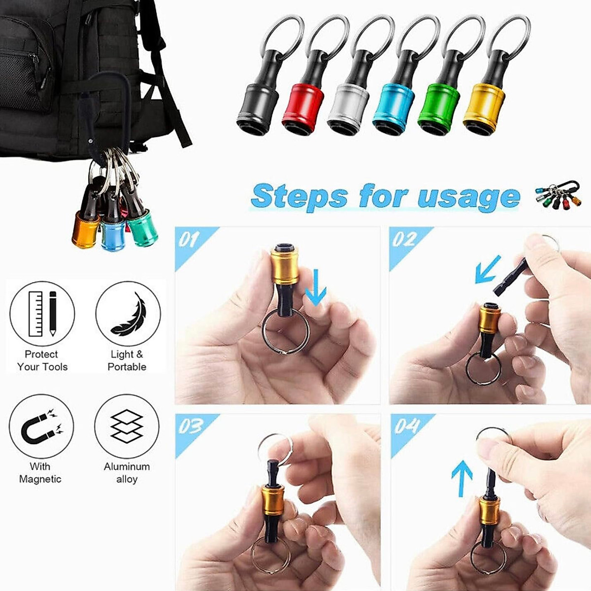 Bahagia 1/4 inch Hex Shank Bit Holder, 6pcs Quick Release Drill Bit Holder Keychain for Impact Driver, Portable Screwdriver Bits Holder, Aluminum Alloy, Color Coded - Gift for Men