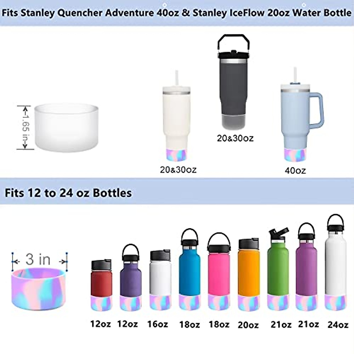 2 Pcs Protective Silicone Boot Compatible for Stanley Quencher Adventure 40oz Tumbler & Stanley IceFlow 20oz 30oz,Hydrapex 40oz,Anti-Slip BPA Free Bottle Bottom Sleeve Cover (clear and three-color)