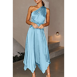 PRETTYGARDEN Women's Summer Long Satin Dress One Shoulder Sleeveless Ruched Twist Flowy Maxi Dresses (Light Blue,Small)