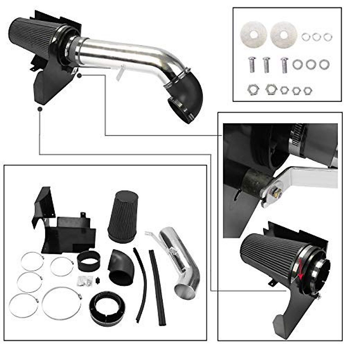 SUPERFASTRACING 4" Cold Air Intake System + Heat Shield Replacement for 1999-2006 GMC/Chevy V8 4.8L/5.3L/6.0L Silverado 1500/2500/3500 (Black)