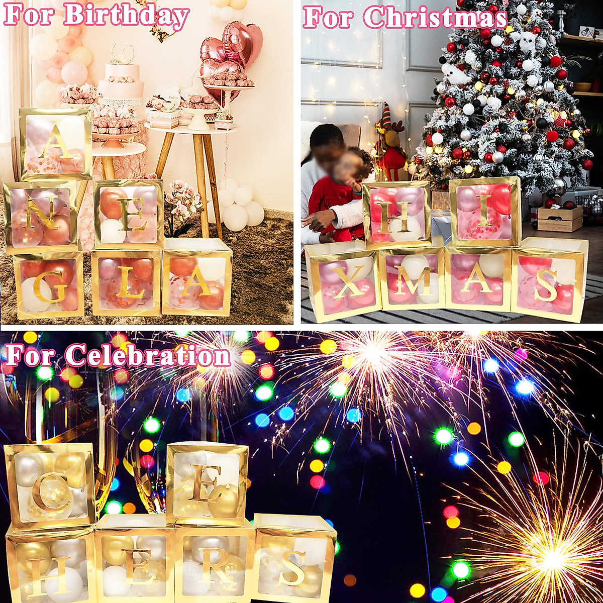 Baby Boxes with Letters, 6 Transparent Balloon Boxes with 78 Letters & Numbers, Clear Name Boxes for Baby Shower Birthday Bridal Wedding Gender Reveal Party Decorations Backdrop, Gold