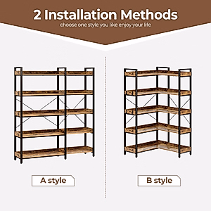 Rolanstar Bookshelf 5 Tier with 4 Hooks, Reversible Corner Bookshelf, 65" Industrial Wooden Bookcase with Open Shelves and Metal Frame for Living Room, Bedroom, Home Office, Rustic Brown