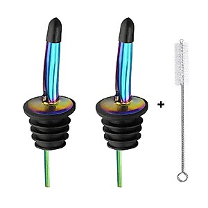 WAFJAMF 2 Pcs Liquor Pour Spouts, Stainless Steel Liquor Bottle Pourers with Rubber Dust Caps & Cleaning Brush,for Pours Liquid, Olive Oil, Wine (Rainbow)