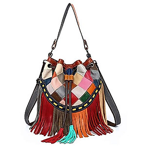 Segater Women Large Multicolor Bucket Bag Genuine Leather Shoulder Bag Colorful Splicing Tote Handbag Purse Christmas Satchels
