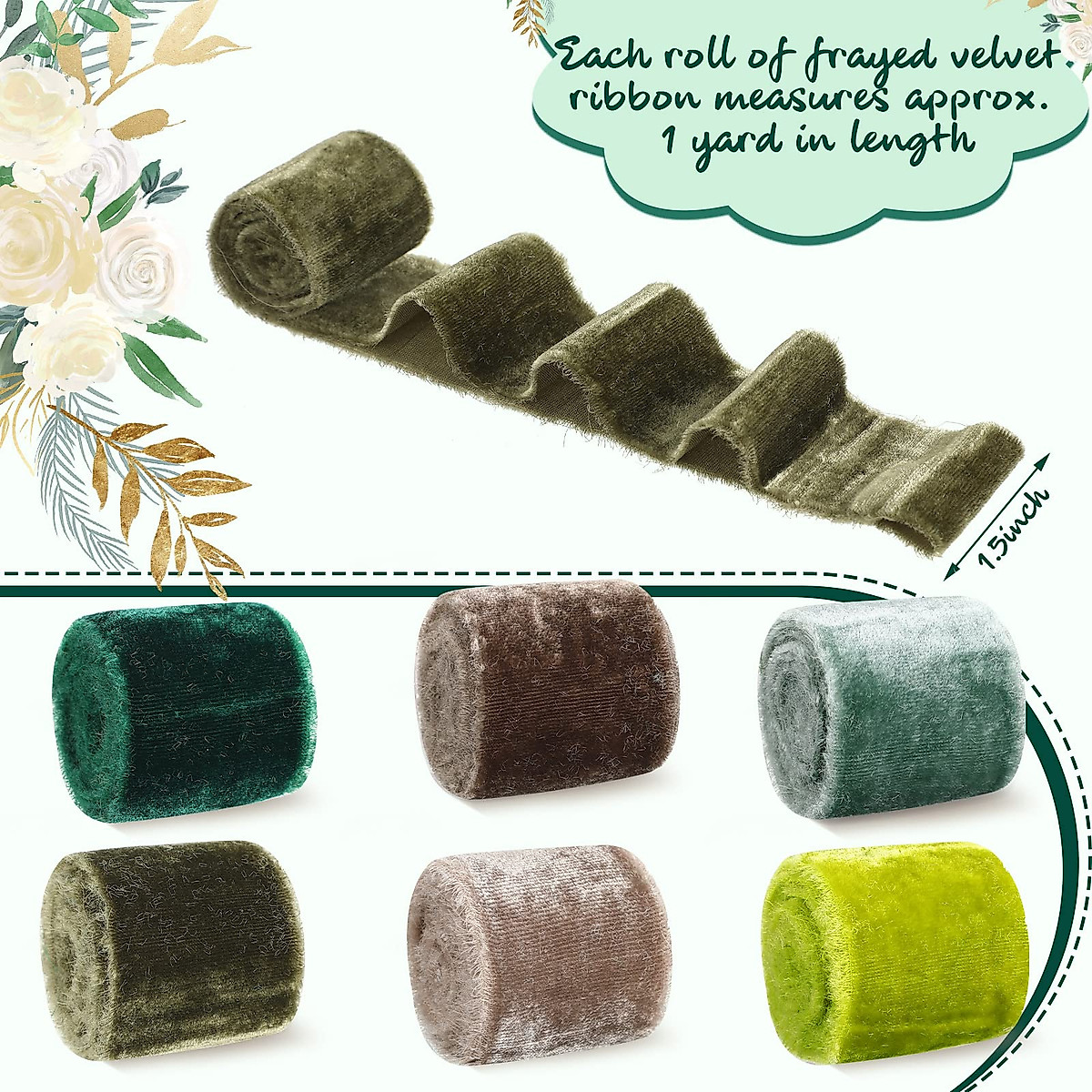 6 Rolls Velvet Ribbon 1.5 Inch Handmade Frayed Velvet Fall Wedding Ribbon Raw Edge for Wedding Bridal Bouquet Gift Wrapping Invitation Tie Fall Wreaths(Dark Color)